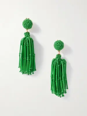 Carolina Herrera Tasseled Beaded Gold-tone Earrings - Green
