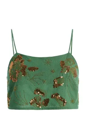 ALL THAT REMAINS Sequined Cotton Square Neck Crop Top - Green