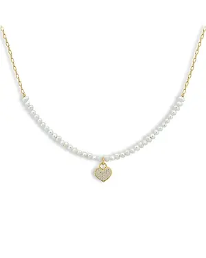 Aqua Pave Heart Pearl Pendant Necklace - Gold