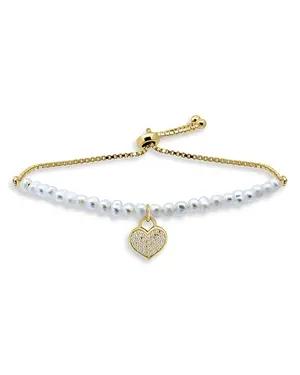 Aqua Pave Heart Charm Cultured Freshwater Pearl Beaded Slider Bracelet - Gold