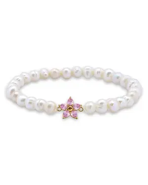Aqua Cubic Zirconia Star Charm Pearl Beaded Stretch Bracelet