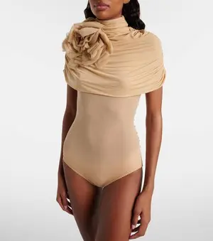 Magda Butrym Floral Appliqué Caped Jersey Bodysuit - Beige