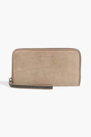 Brunello Cucinelli Beadembellished Quilted Suede Wallet Taupe