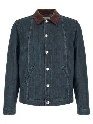 Brunello Cucinelli Leather Collar Denim Jacket - Blue