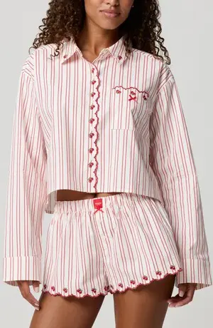 FLORENCE BY MILLS Cherry Stripe Crop Button-up Shirt