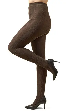 MEMOI Cable Stitch Sweater Tights - Brown Heather