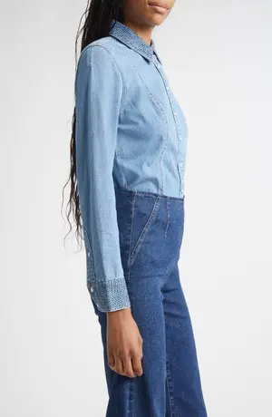 Veronica Beard Eddie Rhinestone Trim Denim Top