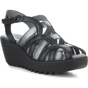Fly London Lemy Platform Wedge Sandal - Black/graph