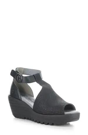 Fly London Lemo Ankle Strap Platform Wedge Sandal - Black
