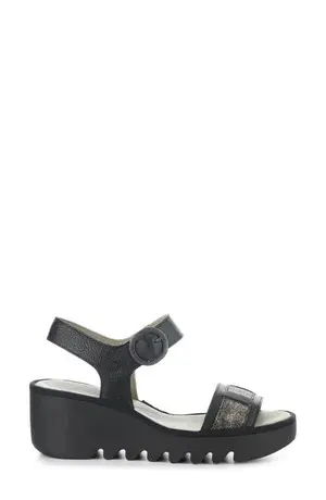 Fly London Beik Platform Wedge Sandal - 001 Black/graph
