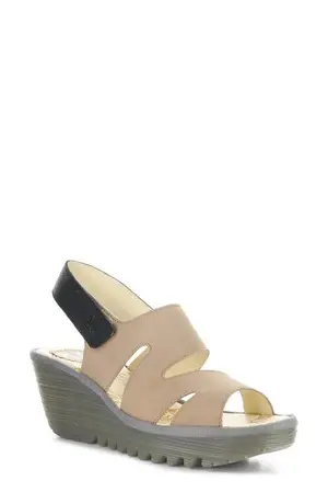 Fly London Yaad Platform Wedge Slingback Sandal - Taupe/black
