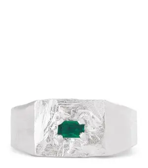 THE OUZE Sterling Signet Ring With Emerald - Silver