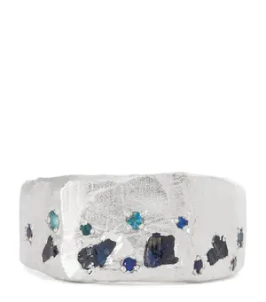 THE OUZE Sterling Square Signet Ring With Sapphire, Topaz, And Aquamarine - Silver