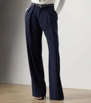 Ralph Lauren Wool Pinstripe Wide-leg Trousers - Navy