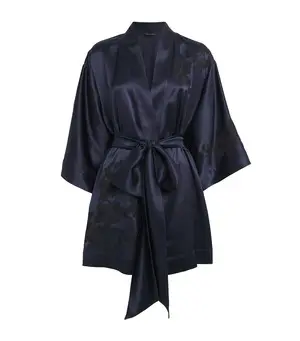 Carine Gilson Silk Floral Julia Mini Kimono Robe - Navy