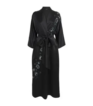 Carine Gilson Silk Embellished Maxi Kimono Robe - Black
