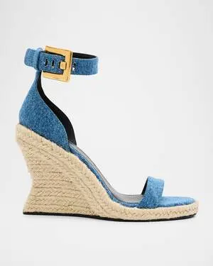 Balmain 85mm Denim Espadrille Wedge Sandals - Blue