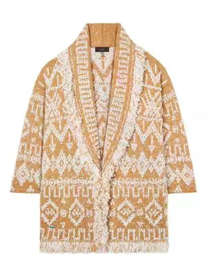 Alanui Geometric-pattern Fringed Cardigan-coat - Neutrals