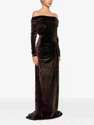 MIAU BY CLARA ROTESCU Off-shoulder Draped Maxi Dress - Brown