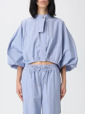 Zimmermann Striped Cropped Blouse With Pussy Bow - Gnawed Blue