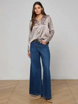 L'Agence Tyler Silk Blouse Top - Grey Multi Patch Leopard
