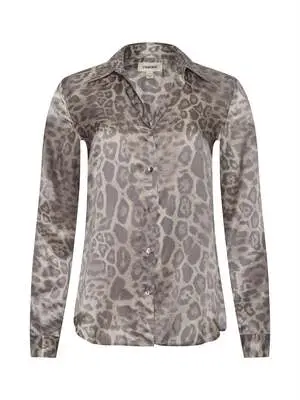 L'Agence Tyler Silk Blouse Top - Grey Multi Patch Leopard