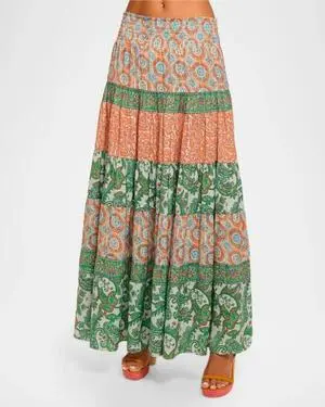 Ramy Brook Dorotha Tiered Maxi Skirt - Palm Patchwork