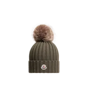 Moncler Wool Beanie With Faux Fur Pom Pom - Green