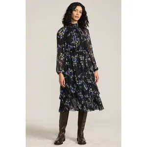 LANDS' END Crinkle Chiffon Ruffle Dress - Black/lapis Fall Floral