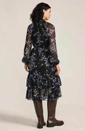 LANDS' END Crinkle Chiffon Ruffle Dress - Black/lapis Fall Floral