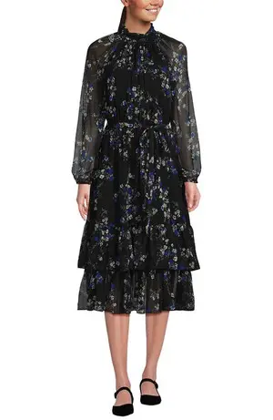 LANDS' END Crinkle Chiffon Ruffle Dress - Black/lapis Fall Floral