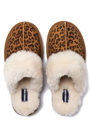 LANDS' END Suede Furry Lined Slippers - Leopard Multi