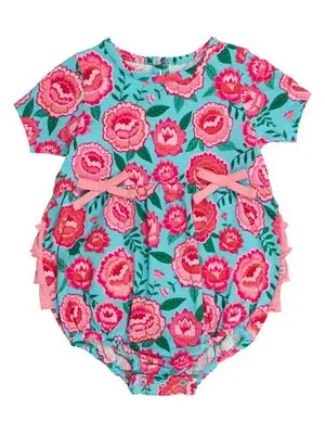RUFFLEBUTTS Knit Bow Bubble Romper - Bright Blossoms