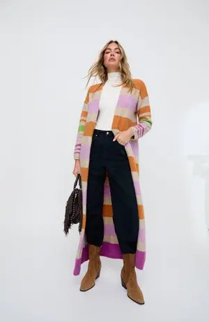 RAFFYA Long Line Rugby Stripe Cardigan