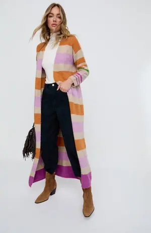 RAFFYA Long Line Rugby Stripe Cardigan