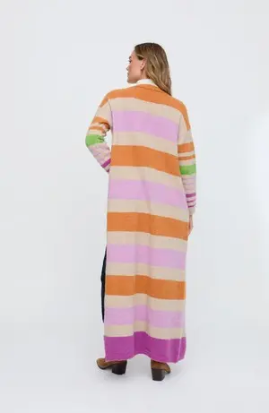 RAFFYA Long Line Rugby Stripe Cardigan