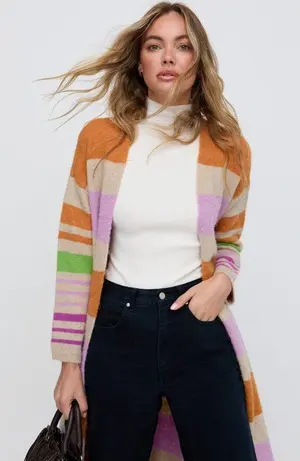 RAFFYA Long Line Rugby Stripe Cardigan