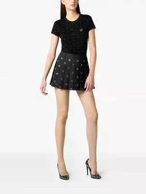 Philipp Plein Pleated Monogram Strass Miniskirt