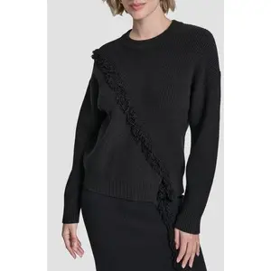 Dkny Fringe Detail Ribbed Crewneck Sweater - Black