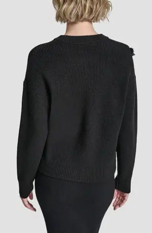 Dkny Fringe Detail Ribbed Crewneck Sweater - Black