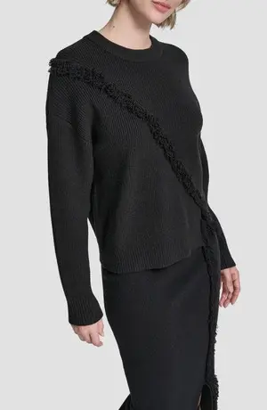 Dkny Fringe Detail Ribbed Crewneck Sweater - Black