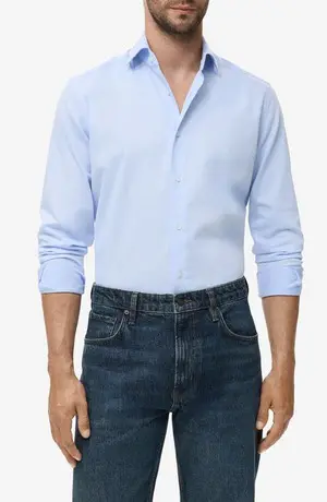 Mango Slim Fit Cotton Blend Button-up Shirt - Sky Blue