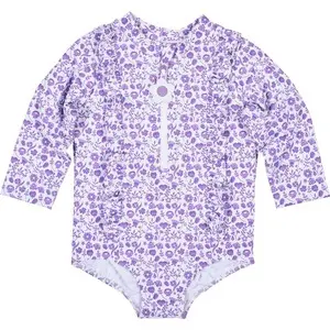 FLORENCE EISEMAN Floral Print Rashguard With Ruffles - Purple/white