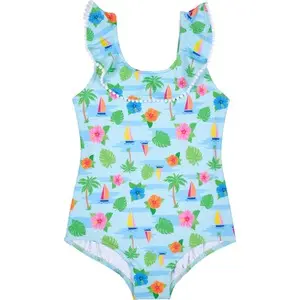 FLORENCE EISEMAN Tropical Print Ruffle Neck Swimsuit - Multi