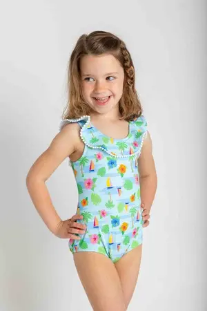 FLORENCE EISEMAN Tropical Print Ruffle Neck Swimsuit