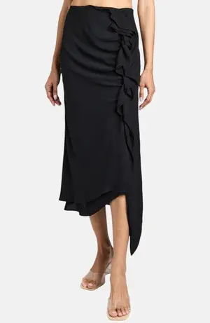 Santorelli Harley Midi Skirt With Asymmetrical Cascading Ruffle