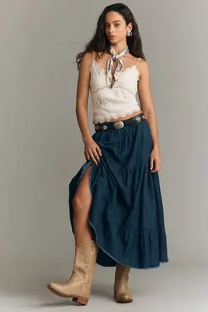 PILCRO Cotton Tiered Denim Maxi Skirt