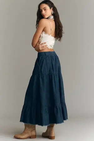 PILCRO Cotton Tiered Denim Maxi Skirt