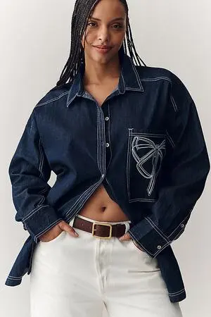PILCRO Denim Long-sleeve Embroidered Bow Buttondown Shirt