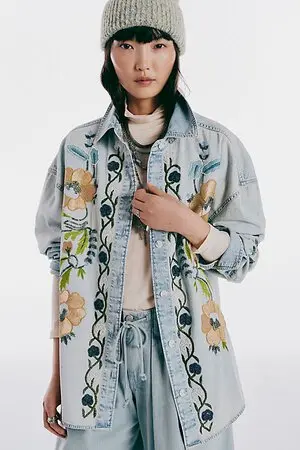 Free People Denim Button-down With Embroidery